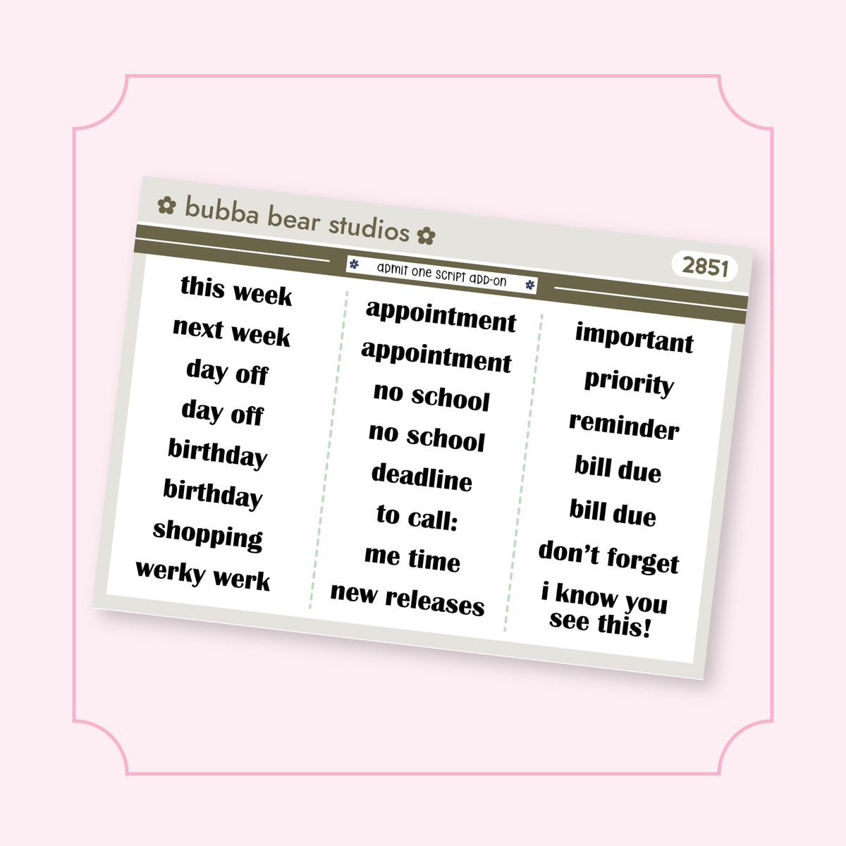 Admit One Script Add-On – Bubba Bear Studios